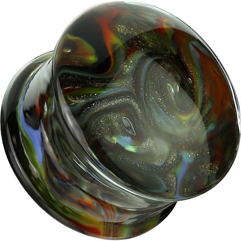 Glass Plug black with multicolour swirl double flare – PiercingXXL